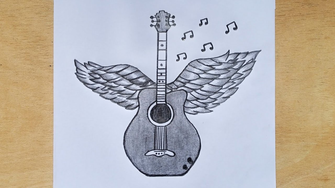 How to draw a beautiful guitar with wings|kanatlı güzel gitar kolay ...