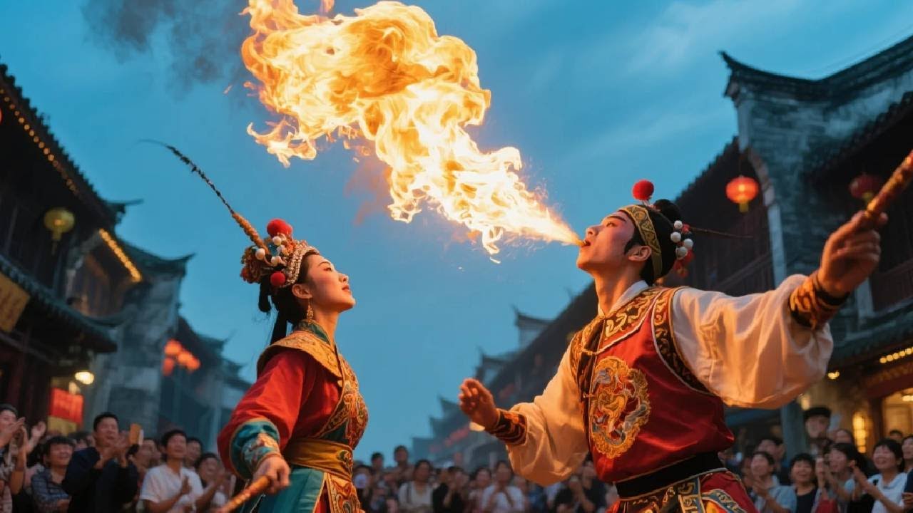 Chinese guy street-dressing fire-eating, fire-swallowing acrobatics!# ...