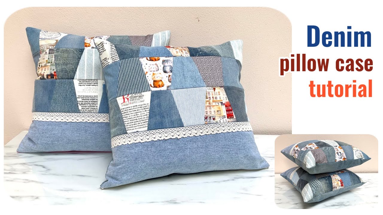How to sew denim pillow case from scrap old jeans , Pillow case diy ...
