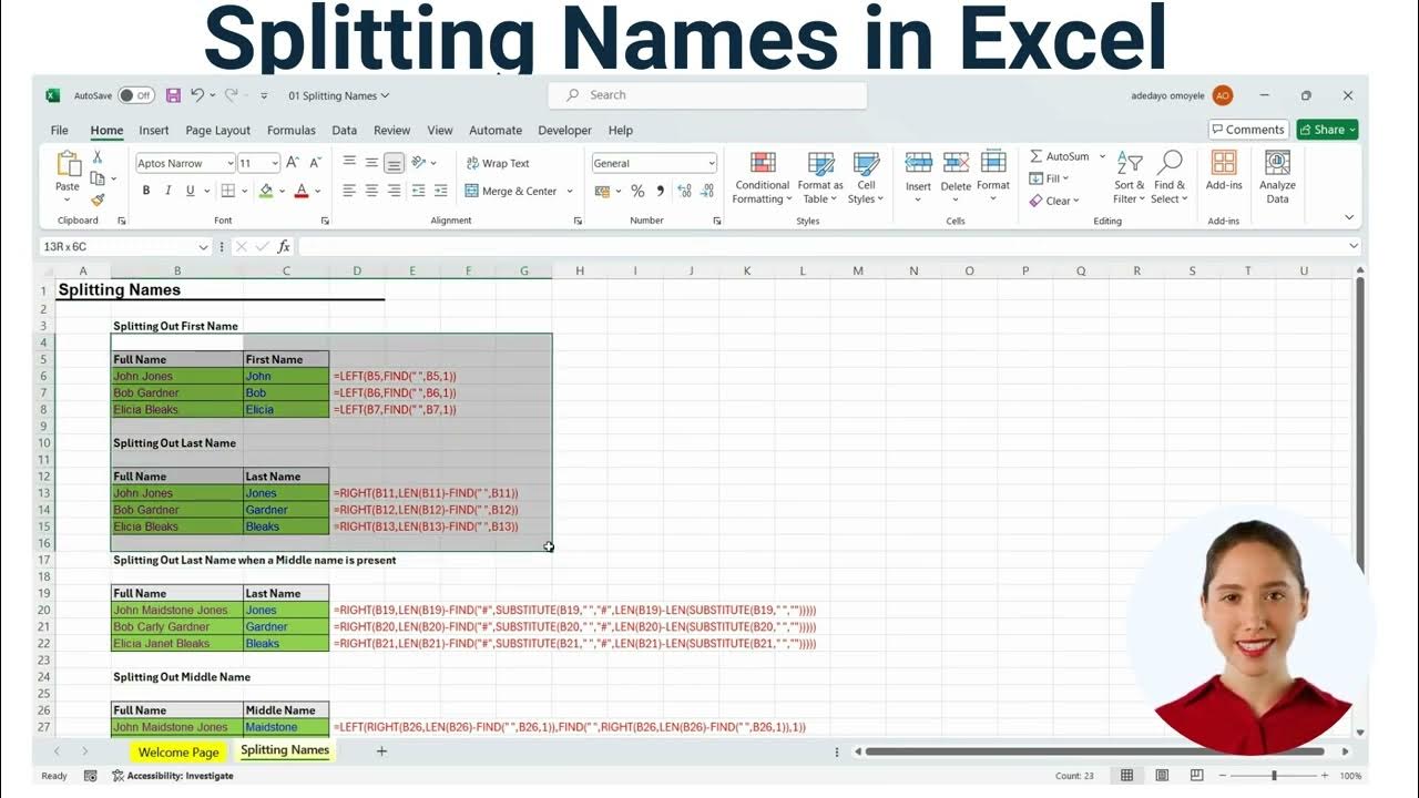 01 Splitting Names in Excel Spreadsheet (TRAINING) - YouTube