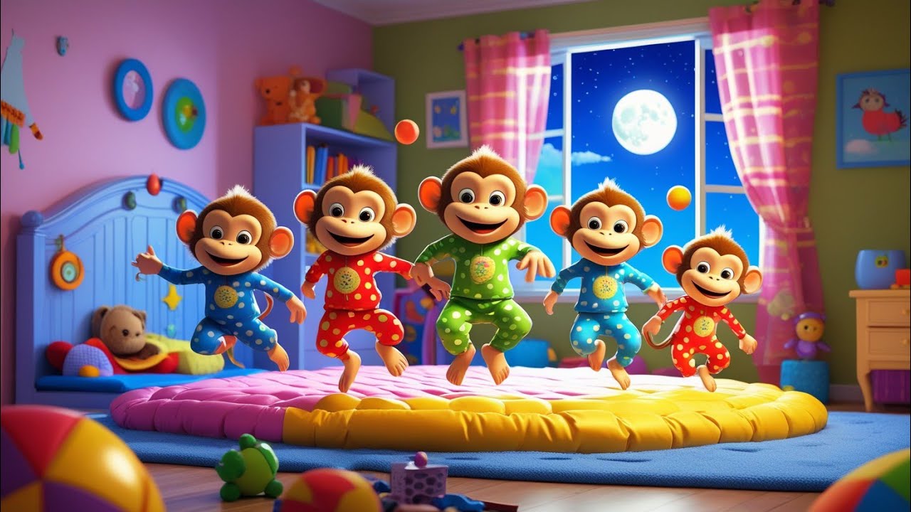 "📚🎶 Five Little Monkeys Jumping on the Bed | Fun Kids Nursery Rhyme ...