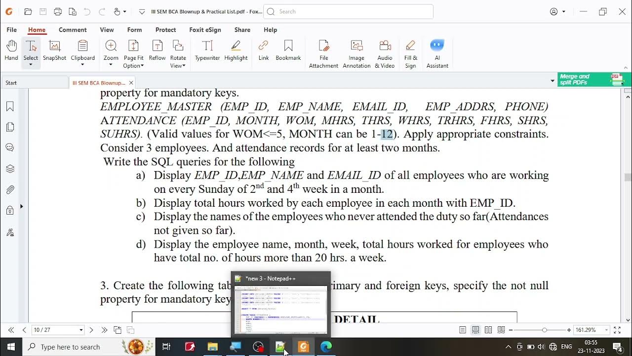 BCA III Sem DBMS Lab Part B 2 : Create table EMPLOYEE_MASTER and another table ATTENDANCE - YouTube
