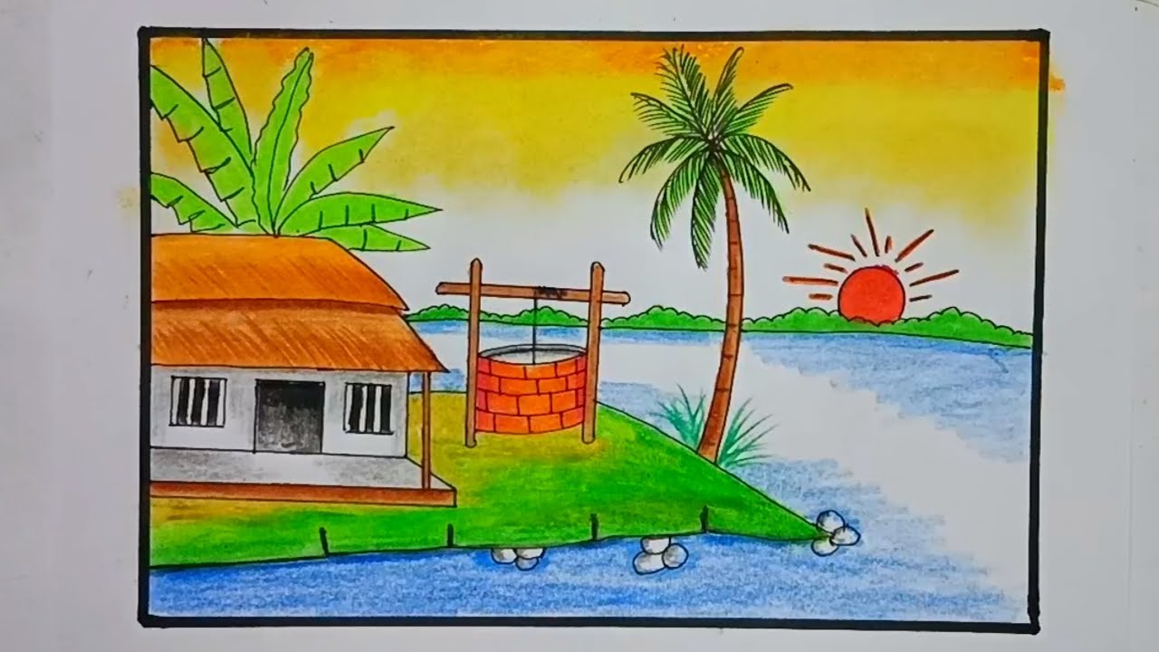 How to draw village house with riverside scenery for beginners || kids ...