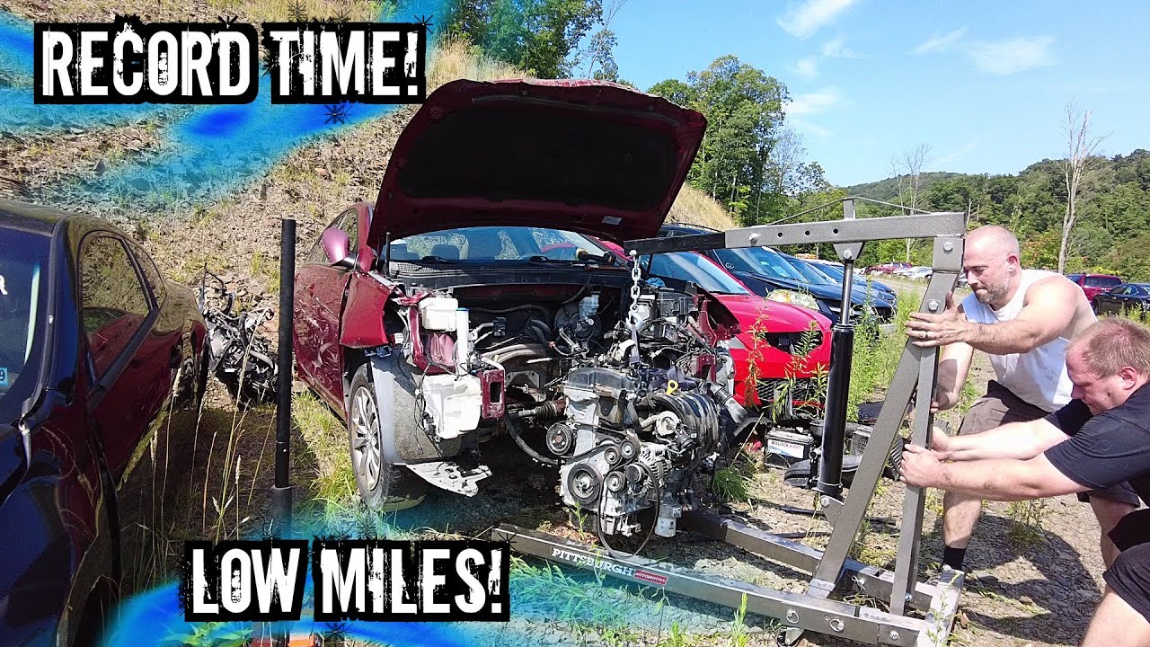 How fast can we pull a hyundai sonata engine in a junkyard? - YouTube