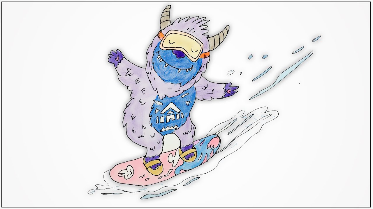 How to draw a Fun yeti snowboarding. Cute cartoon character monster ...