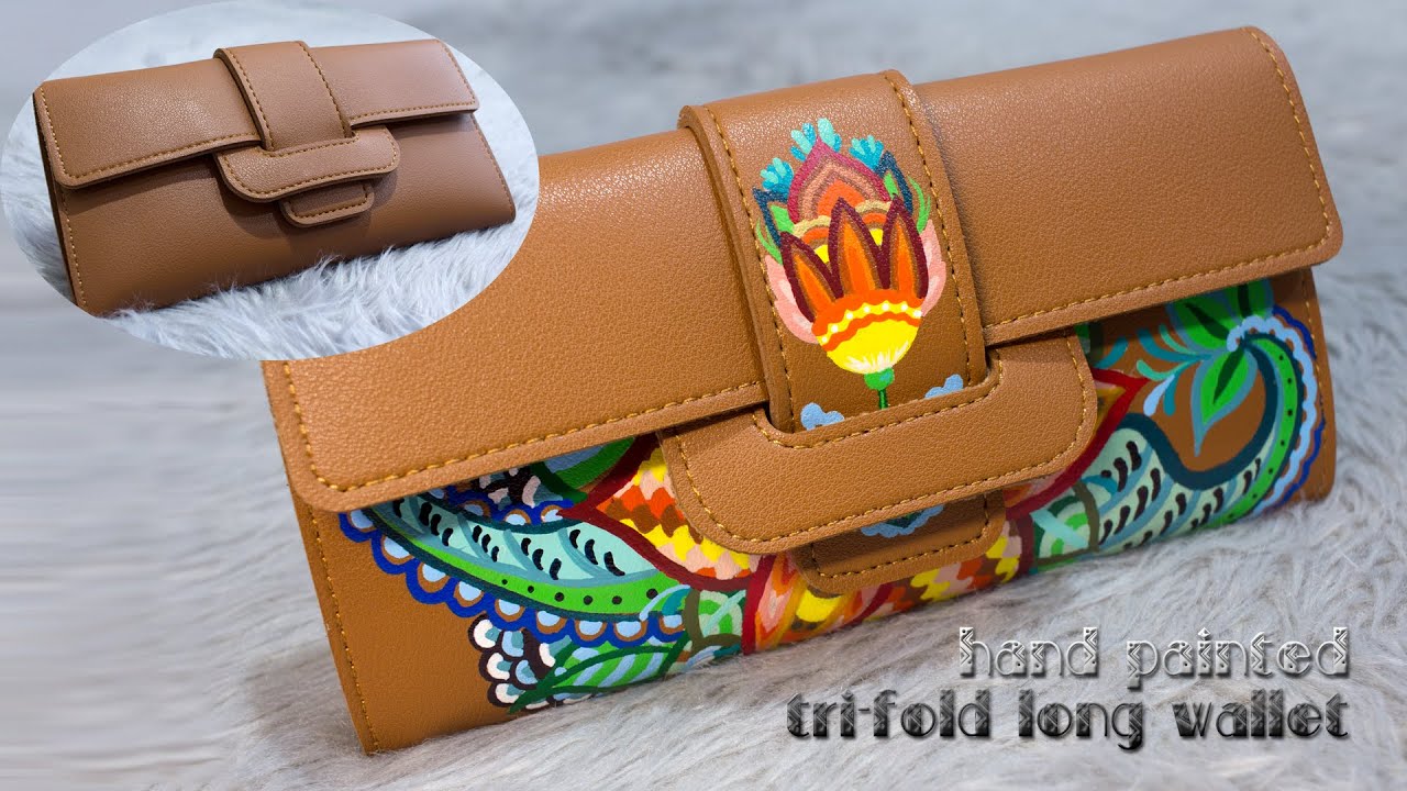 Hand painted abstract floral in PU leather trifold long wallet | time ...