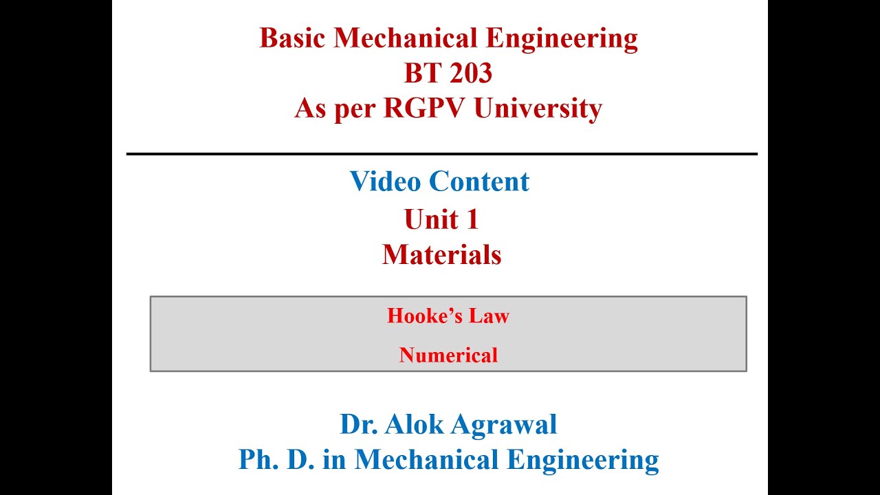 BT 203_Basic Mechanical Engineering: Unit 1_Lecture 9: Hooke's Law and the related Problems ...