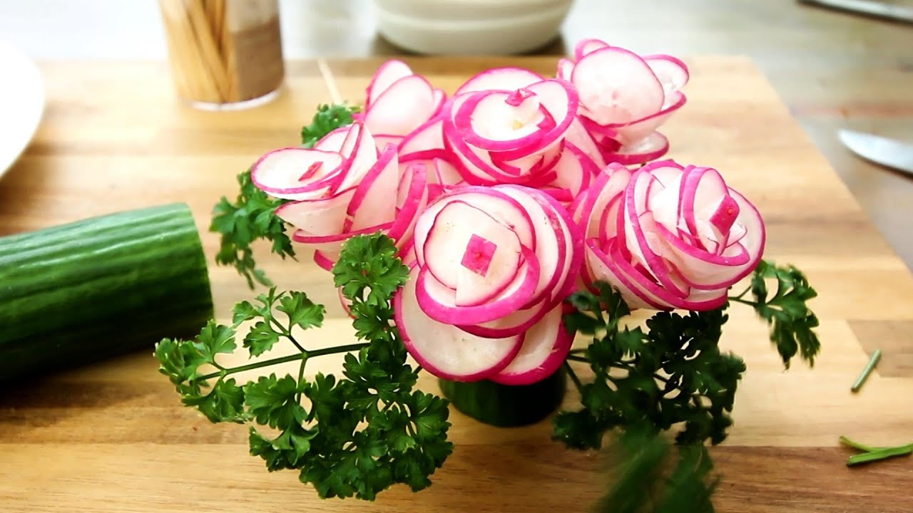 Veggie Carving Garnish | Red Radish Rose Design - YouTube
