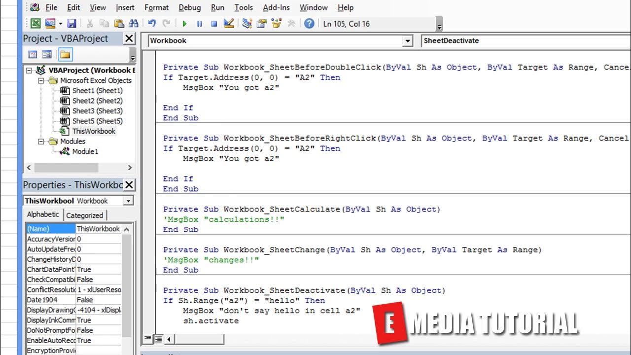 Microsoft Excel Visual Basic for Aplications VBA Tutorial 17 SheetDeactivate E Media TUTORIA ...