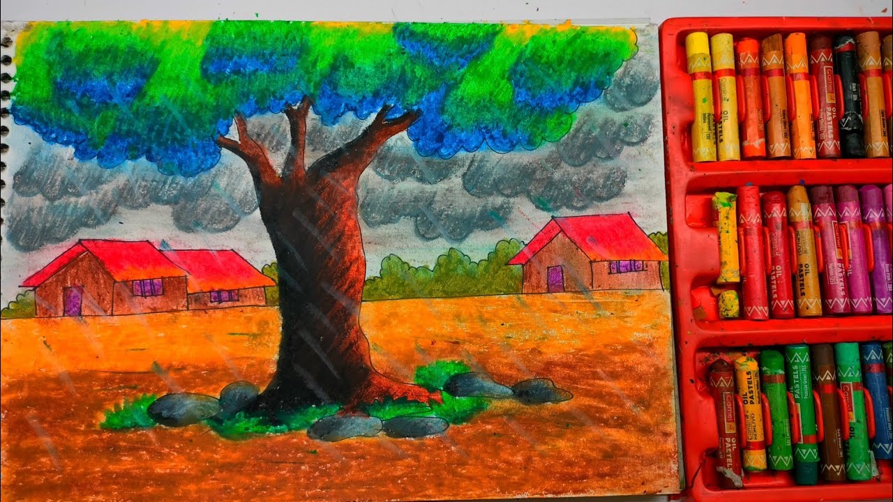 Rainy day | Rainy day scenery drawing | rainy season drawing step by ...