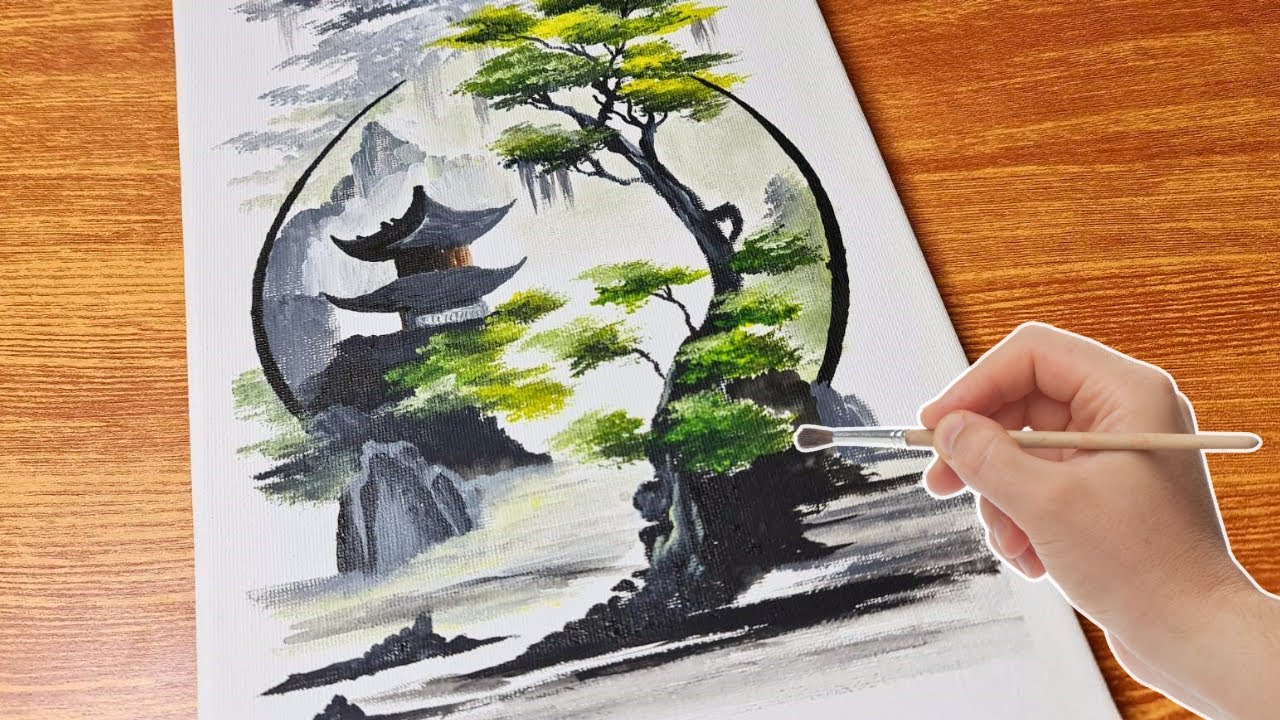 How to Draw a Beautiful Japanese Landscape Painting I Acrylic Painting ...