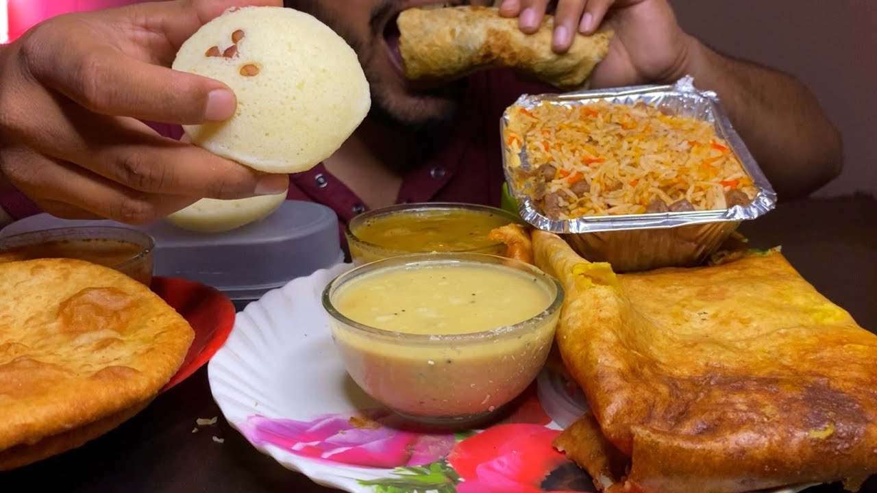 ASMR 🔥 EATING SOUTH INDIAN FOOD 😍 MASALA DOSA , IDLY , BIRIYANI , ALU ...
