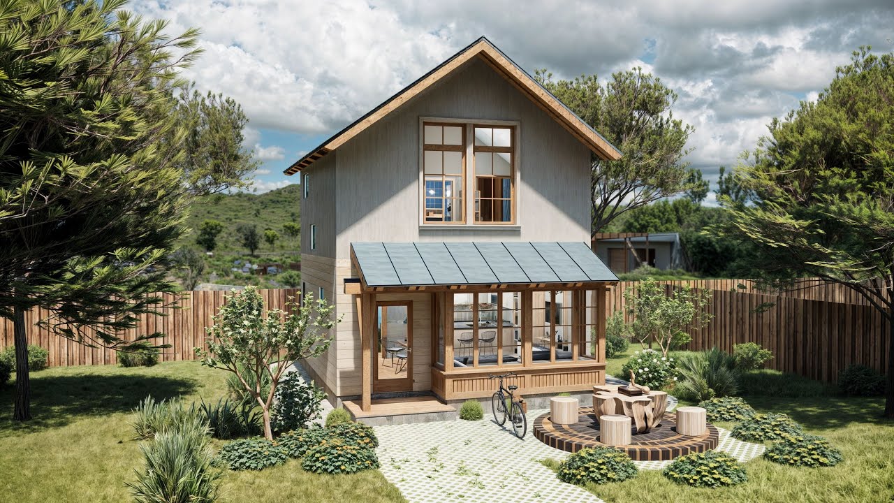 20x20 ft Two-Story Tiny House Floor Plan: Bedroom, Kitchen, Living Room ...