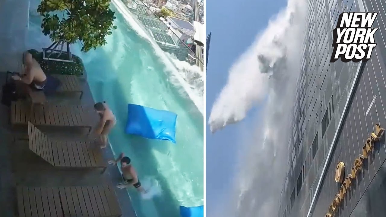 Crowd washed away as giant waves of water cascaded from skyscrapers ...