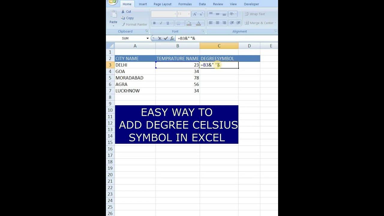Easy way to add degree Celsius symbol in excel | Learn Excel | Excel Tips and Tricks - YouTube
