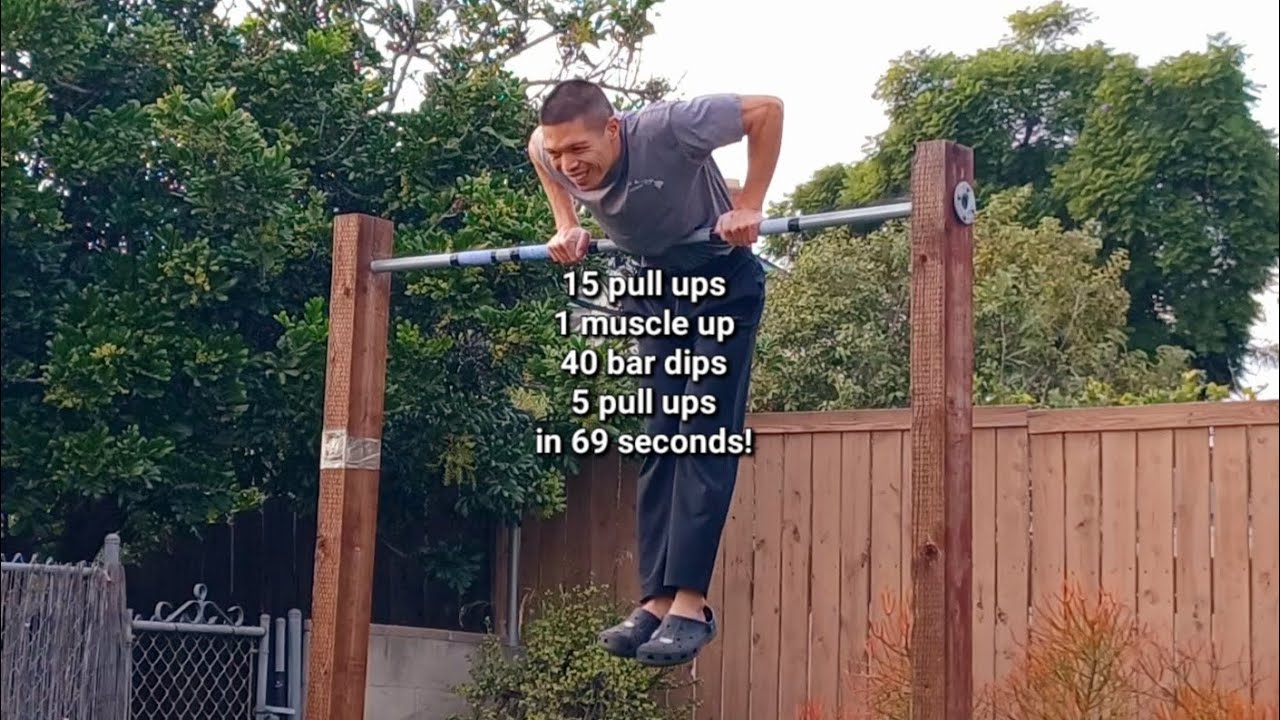 15 pull ups to 40 straight bar dips to 5 pull ups in 69 seconds! - YouTube