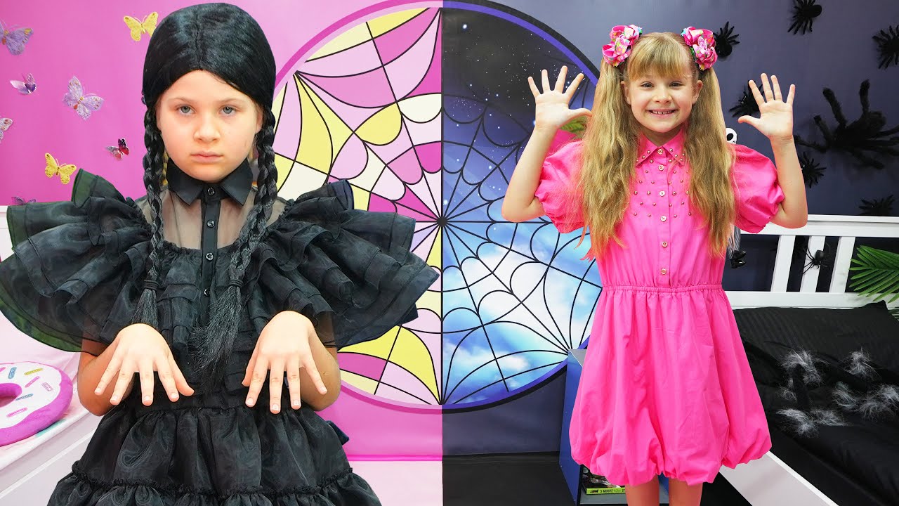 Diana and Wednesday Addams Pink & Black Challenge - YouTube