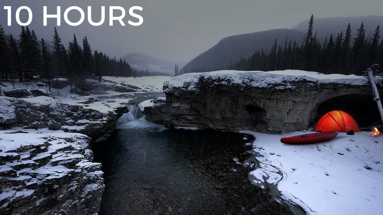 Campfire near Winter Waterfall | Stream Water Sounds, Cold Wind ...