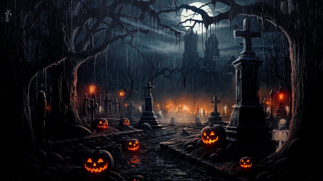 Haunted Cemetery Halloween Ambience w/ Relaxing Heavy Rain ...