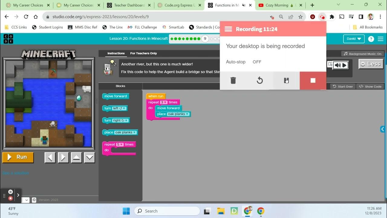 Code.org Express: Lesson 20 - Functions in Minecraft (23 - 24) - YouTube