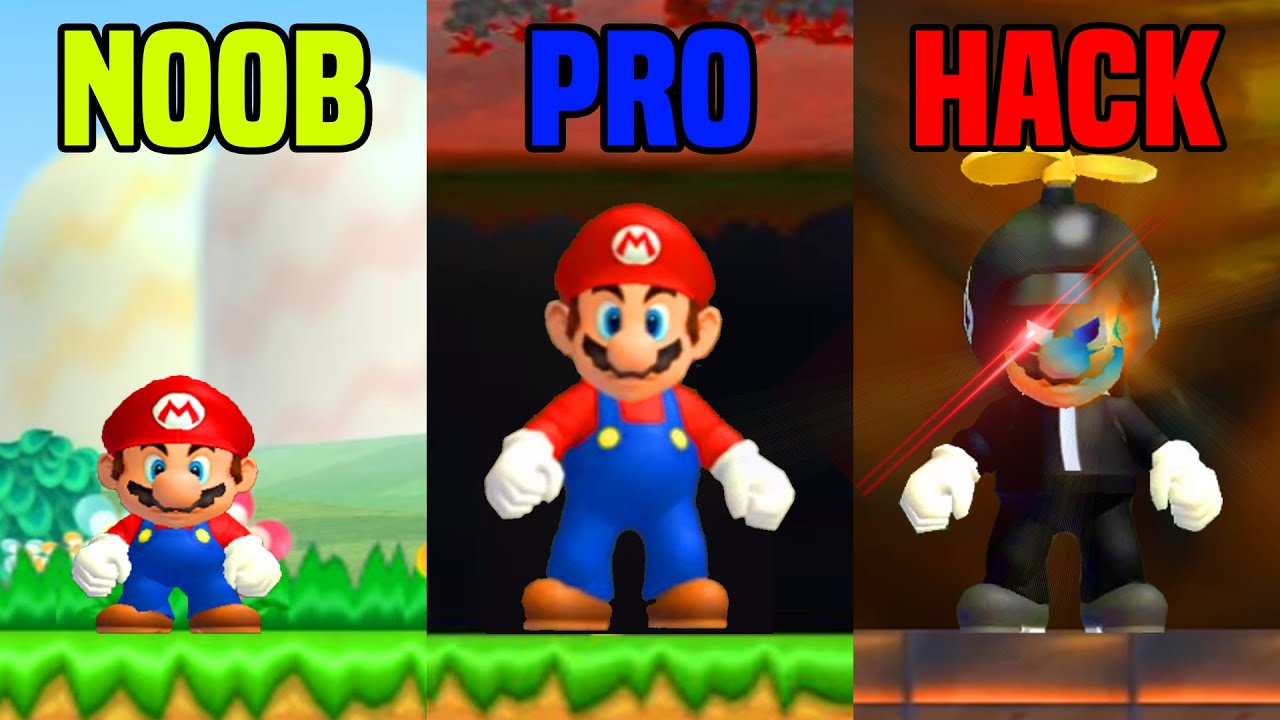 Mario as a Noob VS Pro VS Hacker in New Super Mario Bros. Wii - YouTube