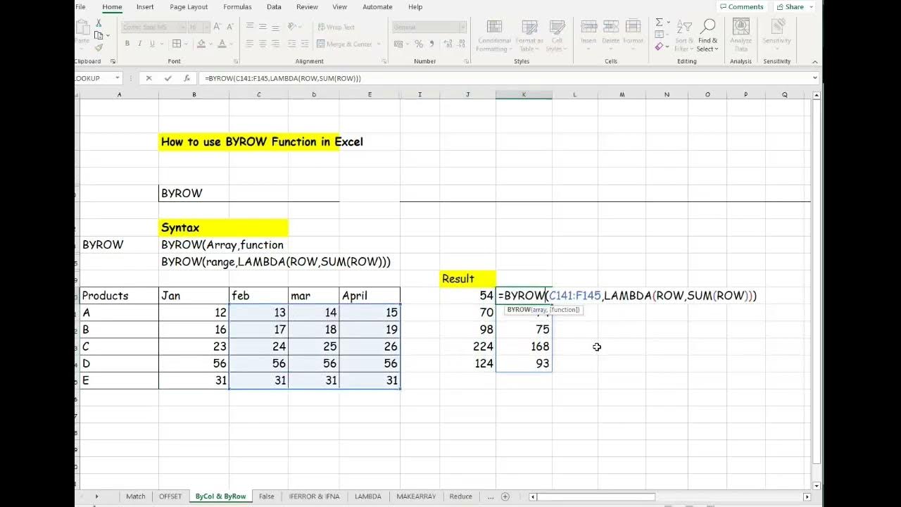 How To Use Byrow Function In Excel Youtube
