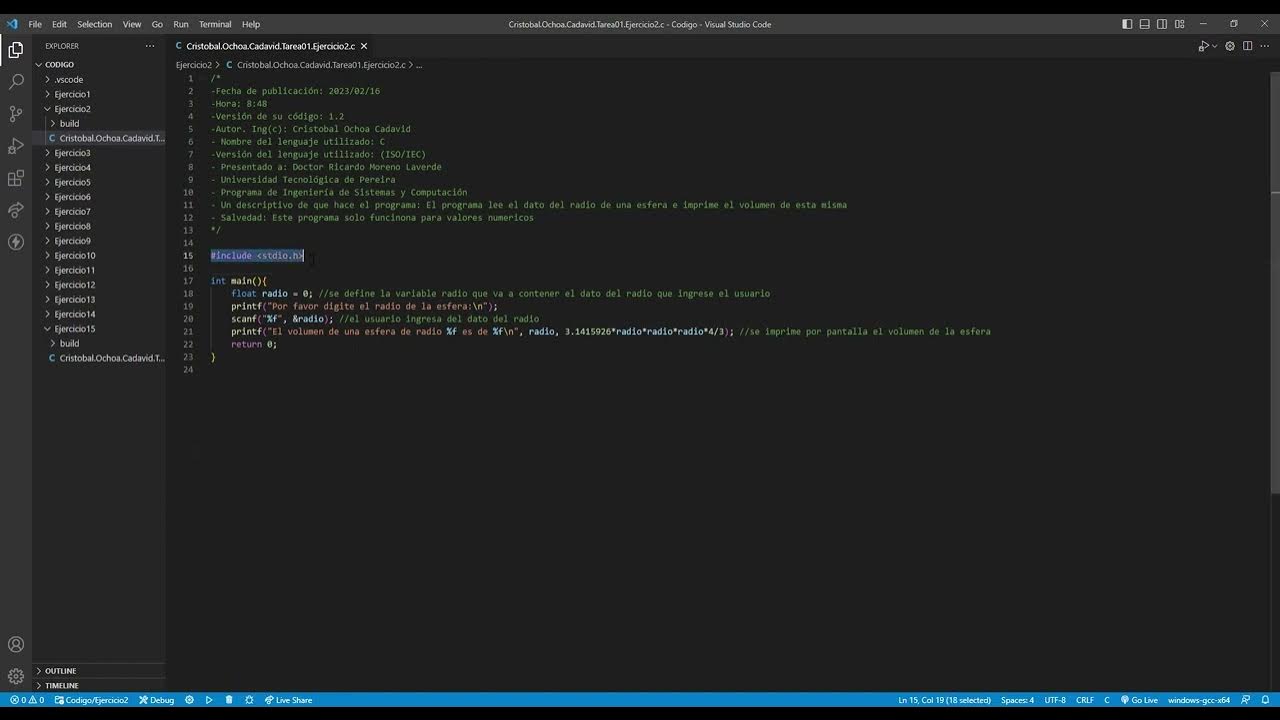 Cristobal Ochoa Cadavid Tarea01 Ejercicio2 c Codigo Visual Studio Code 2023 02 17 15 29 09 - YouTube