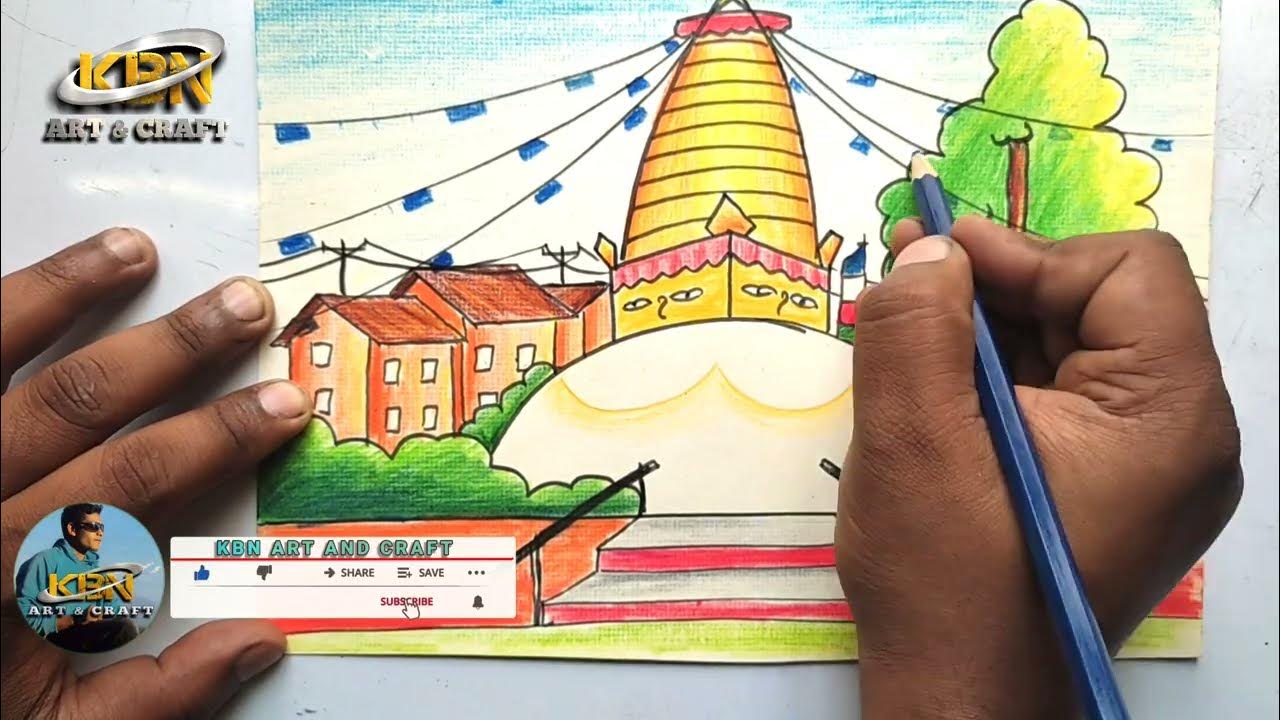 easy draw Stupa | how to draw easy stupa for students | swayambhunath ...