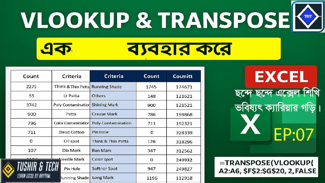 VLOOKUP & TRANSPOSE একসাথে ব্যবহার Dashboard ডাটা সাজান | Excel Smart ...