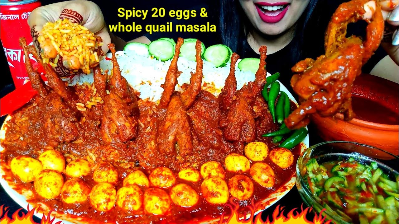 ASMR:MASSIVE EATING SPICY 20 EGGS MASALA,WHOLE QUAIL MASALA CURRY,RICE ...