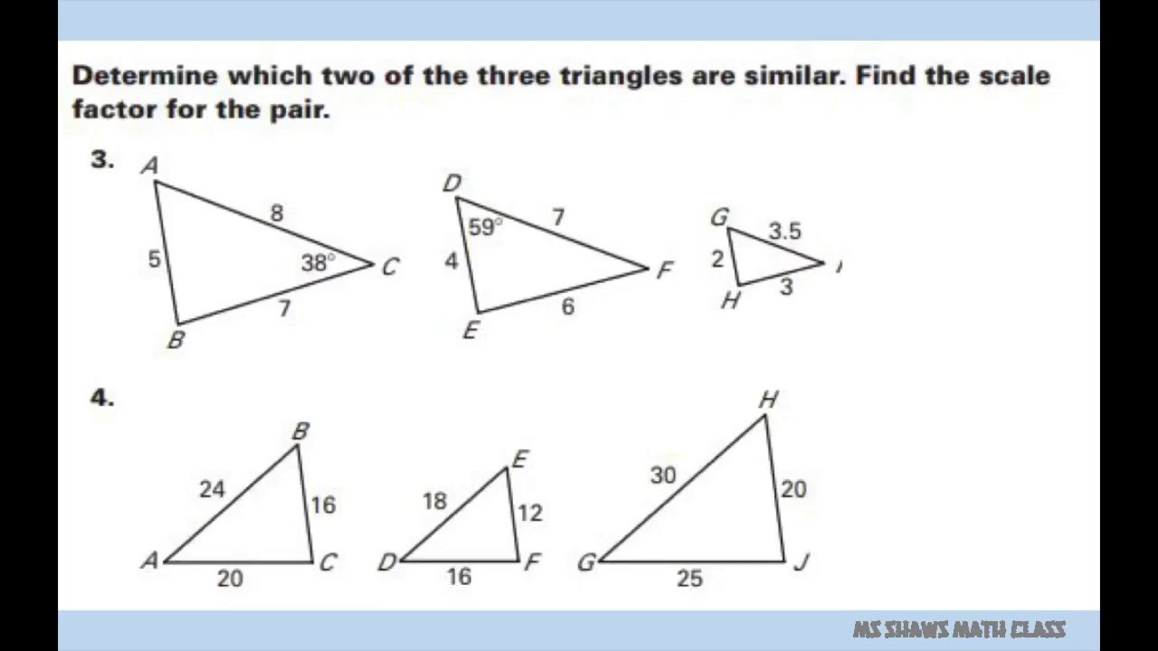 Determine which two out of three triangles are similar. Find the scale ...
