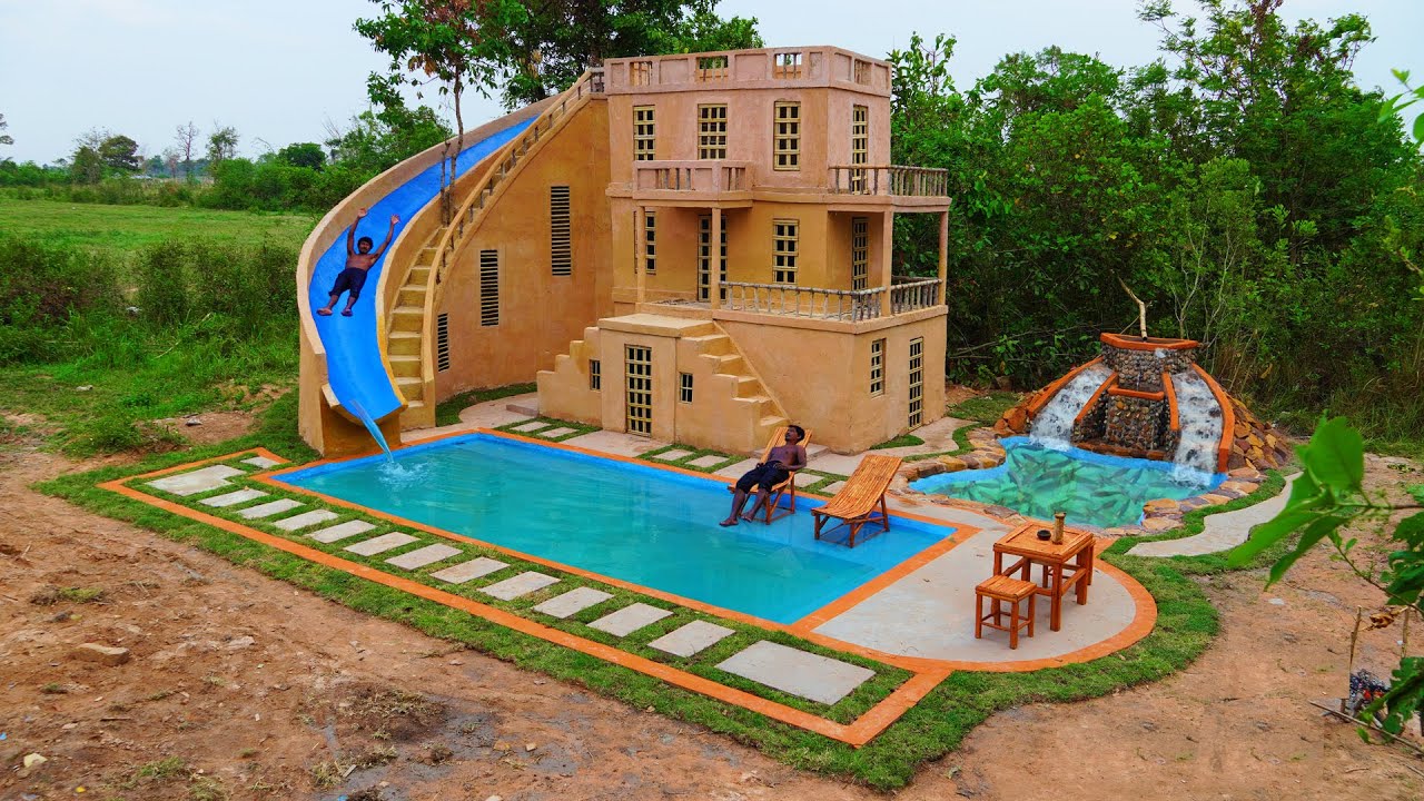 Building Most Creative 3-Story Mud Villa With Water Slide To swimming ...