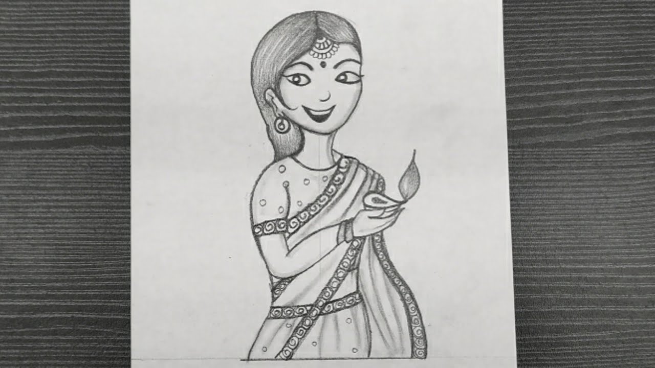 Traditional Girl Drawing With Diya || Easy Girl Drawing || Diwali ...