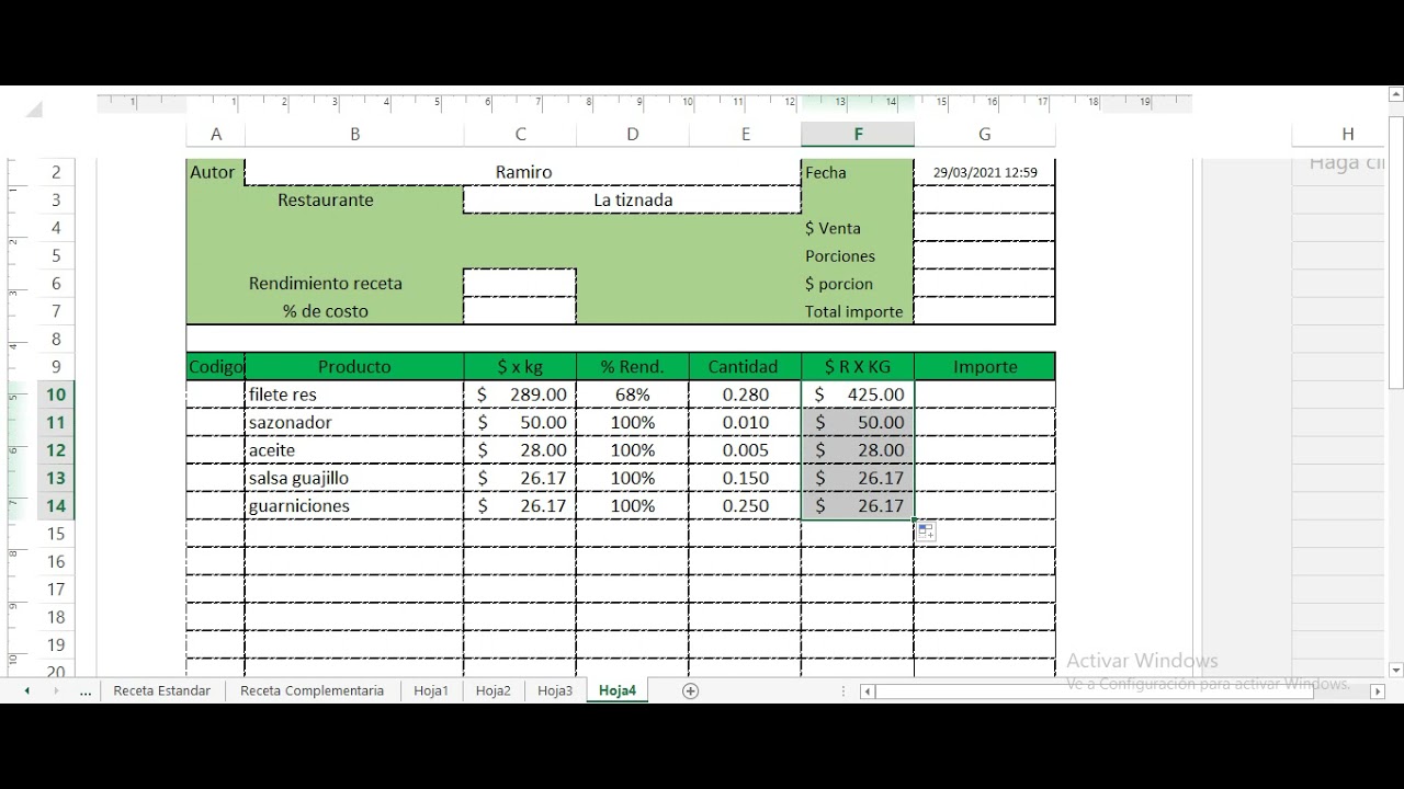 Como elaborar un formato para costeo de recetas en Excel - YouTube