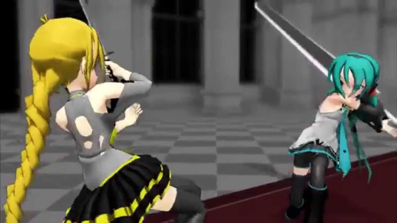 Sword Fight! Miku Hatsune vs Akita Neru (Without eating) - YouTube
