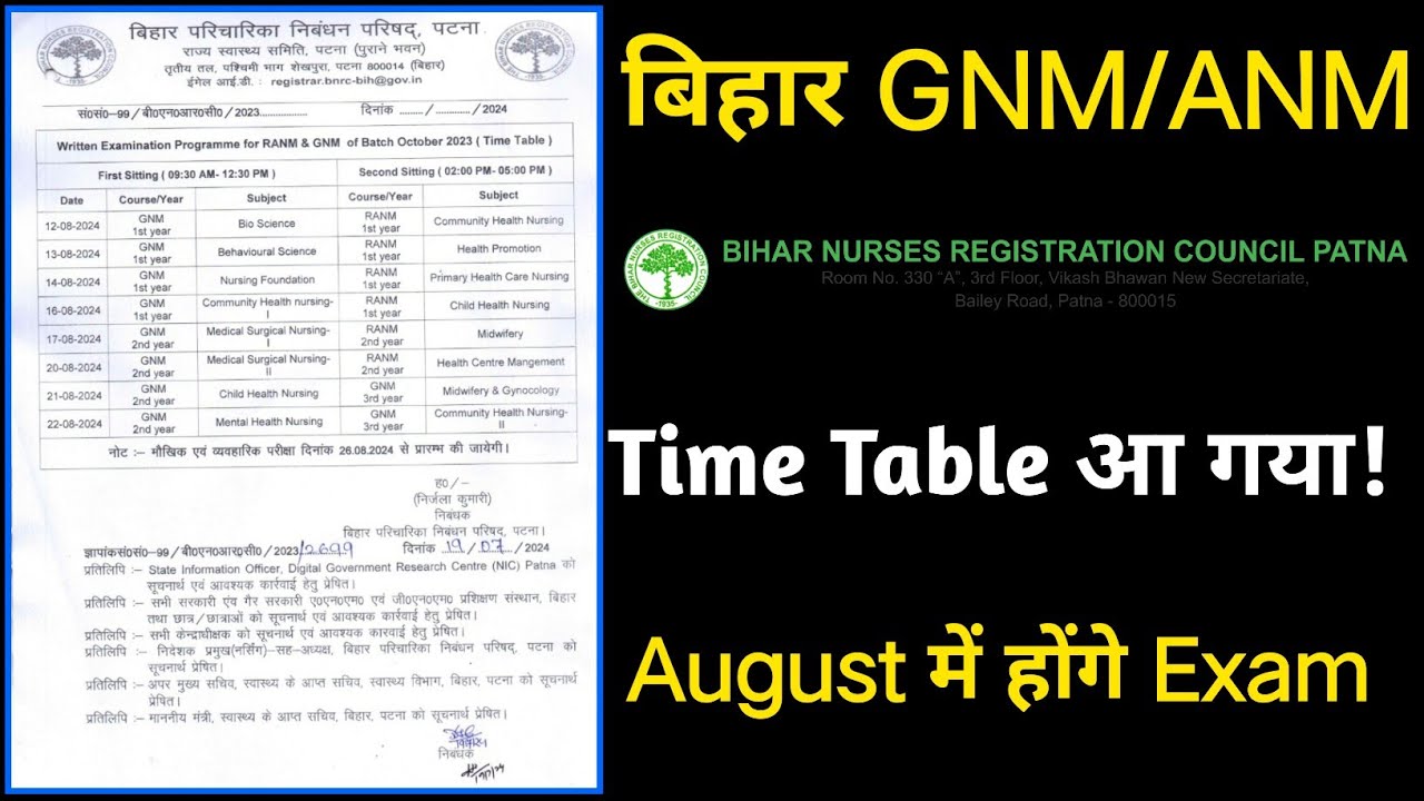 लिजिए आ गया Bihar Nursing GNM, ANM Exam Time Table 2022-23 के लिए BNRC ...