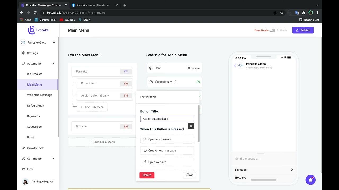 Menu principal da página do Facebook - Botcake - YouTube
