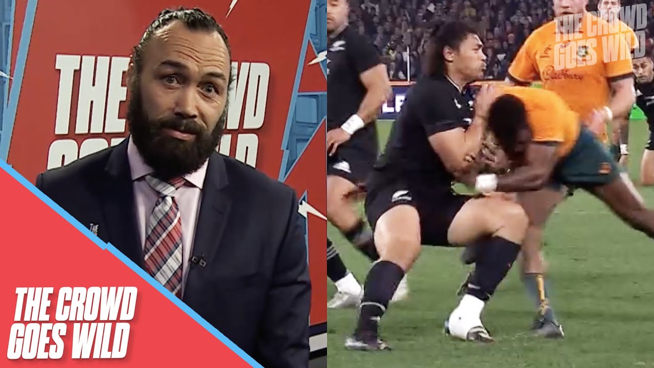 Wallabies rugby Marika Koroibete puts a hit on All Blacks winger Caleb ...