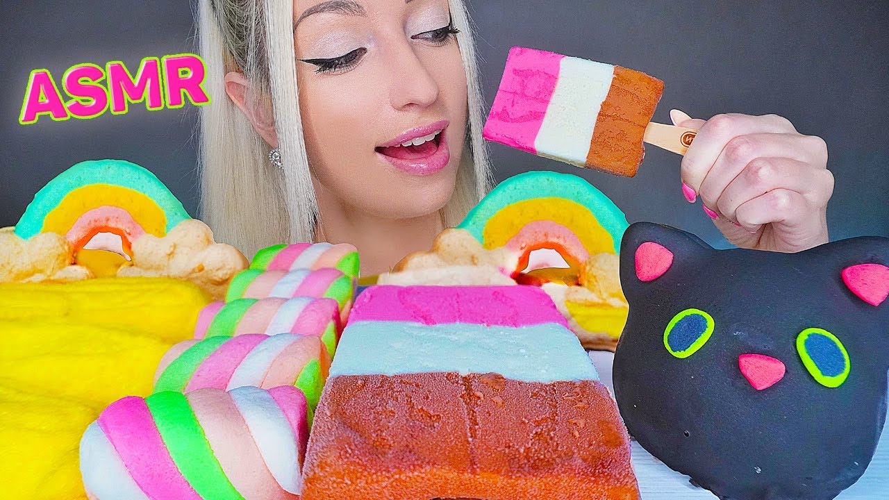 ASMR EATING RAINBOW FOOD, ICE CREAM, CAKE, MACAROONS, MARSHMALLOW, 달달한 ...