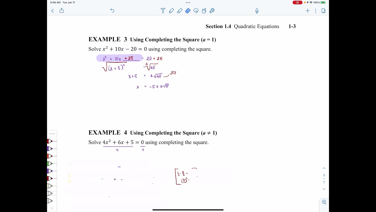 Solve Quadratic Equations, Complete the Square (110.1.4b) - YouTube