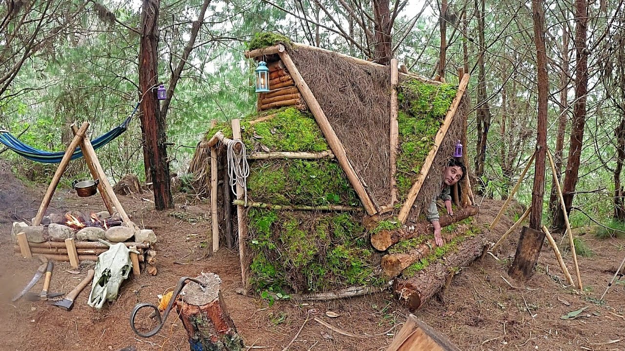 Camping alone three days building survival cabin. Bushcraft. Camping in ...