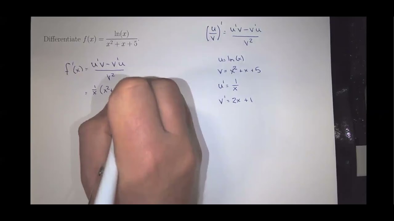 Differentiate f(x) = ln(x) / (x^2 + x + 5). (Quotient rule example ...