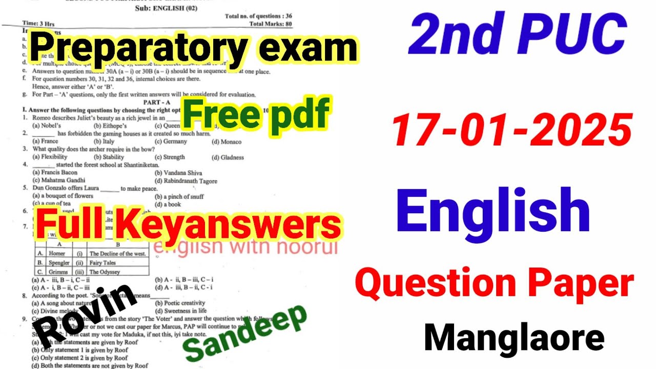 2puc English preparatory question paper 2025 keyanswers important ...