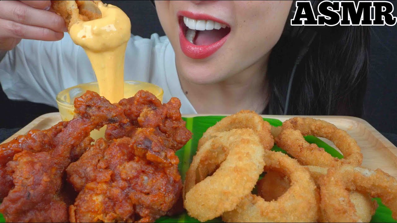 ASMR ONION RINGS + CHICKEN WINGS + CHEESE SAUCE (EATING SOUNDS) NO ...