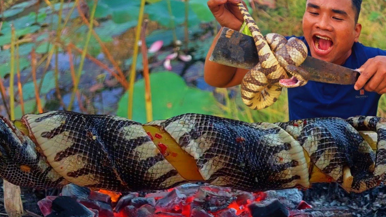 Wrapped Huge Snake On Bamboo Tube Creative Cooking - YouTube