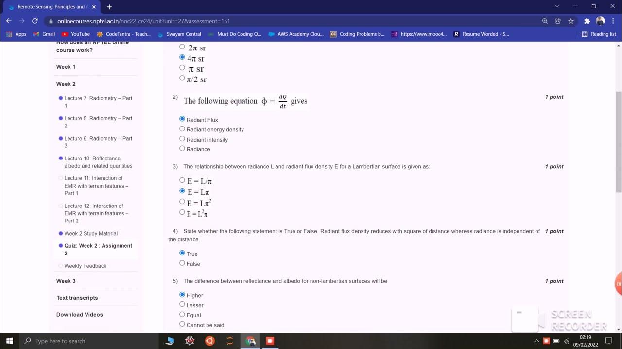 NPTEL WEEK 2 ASSIGNMENT ANSWERS FOR Remote Sensing: Principles and ...