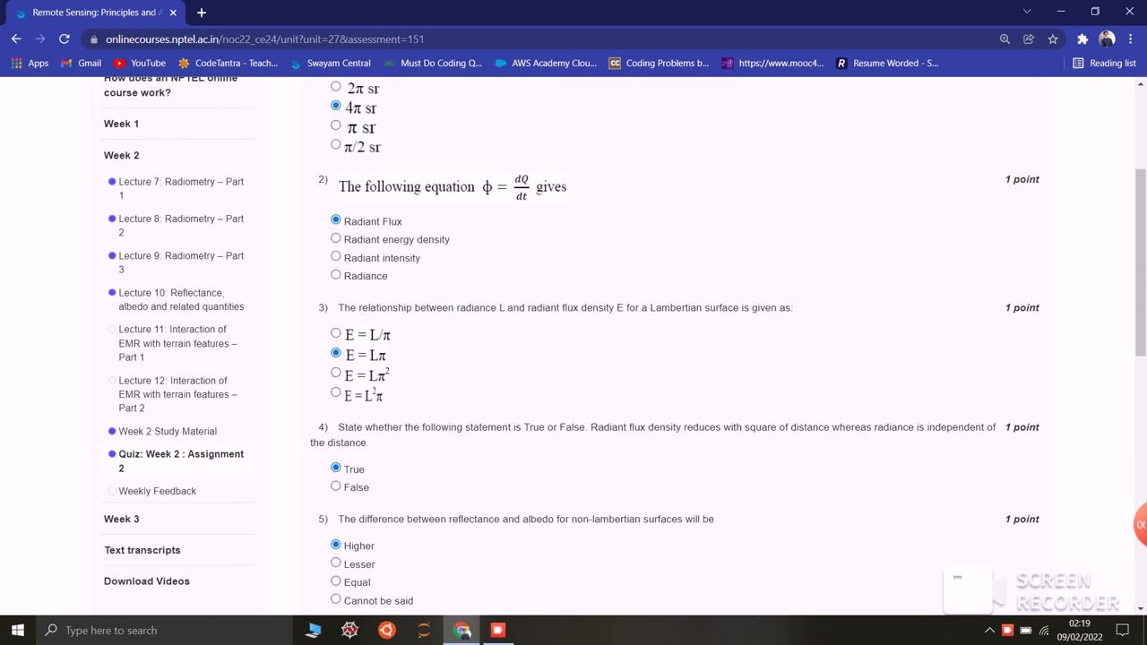 NPTEL WEEK 2 ASSIGNMENT ANSWERS FOR Remote Sensing Principles And NPTEL WEEK 2 ASSIGNMENT ANSWERS FOR Remote Sensing Principles And
