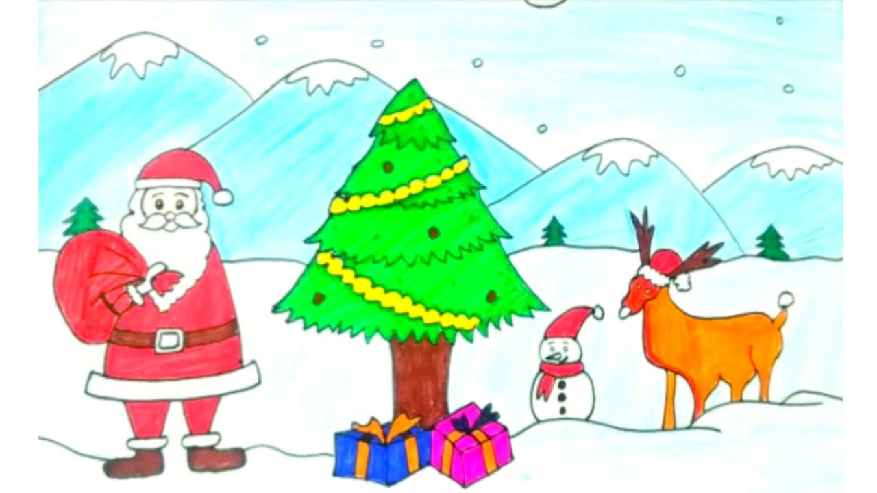 beautiful christmas scenery drawing step by step | christmas drawing ...