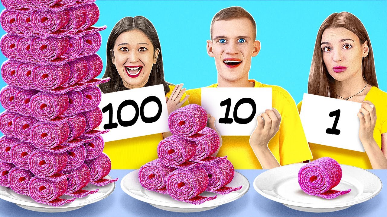 100 WARSTW JEDZENIA || Ogromne vs malutkie porcje przez 24 godziny od ...