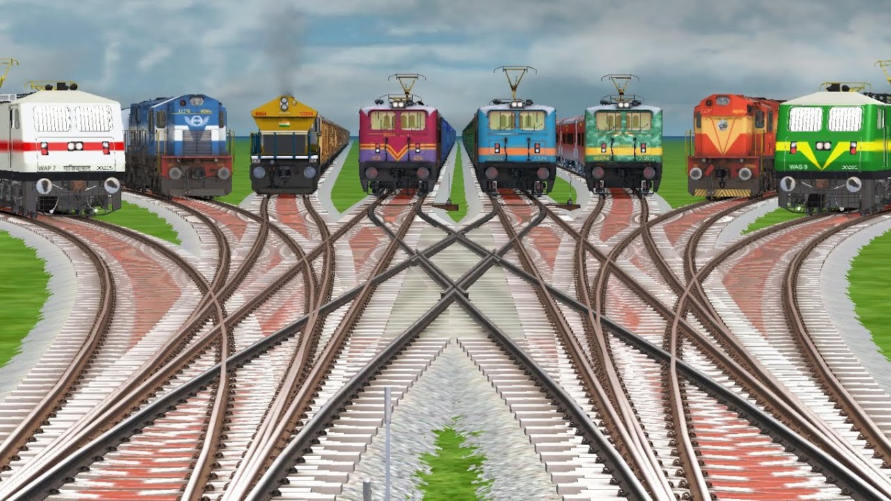 8 TRAINS CROSSING AT CURVED & BRANCHED RAILROAD TRACKS | trains ...